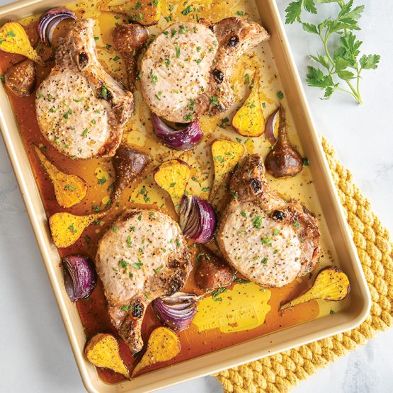 Sheet Pan Honey Mustard Pork Chops with Roasted Golden Beets - Nordic Ware