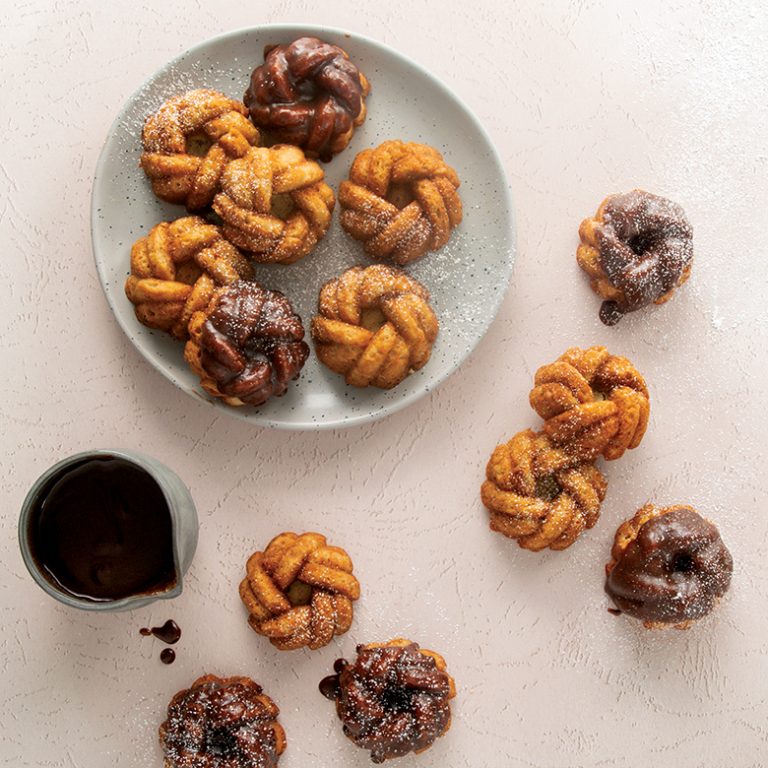 Banana Mini Bundts with Salted Caramel Chocolate Sauce - Nordic Ware