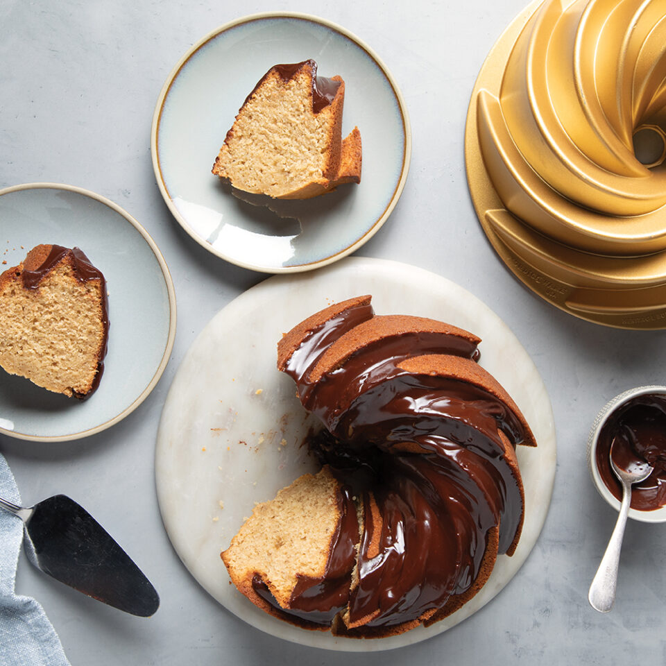 Peanut Butter Banana Bundt Cake with Chocolate Glaze - Nordic Ware
