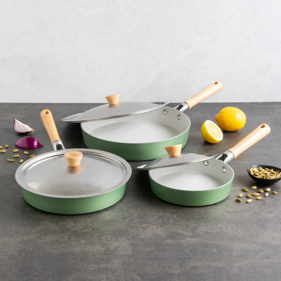 Cardamom™ 6 Piece Nonstick Frying Pan Set with Lids | Ceramic Coated ...
